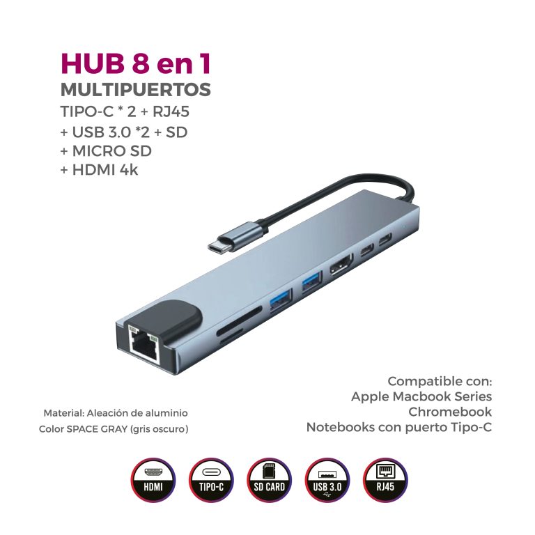HUB 8 EN 1 TIPO C + RJ45 LAN + MICRO SD + HDMI 4K+ USB 3.0 Y 2.0 SKYWAY ...